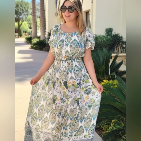 fig and flower | Dresses | Fig Flower White Blue Multi Short Sleeve ...